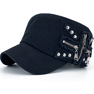 REDSHARKS Women Soft Washed Cotton Zip Cadet Army Cap Adjustable Military Hat Flat Top Baseball Sun Cap Zipper Stud Black