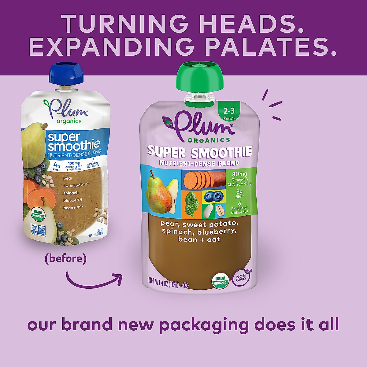 Plum Organics Super Smoothie Organic Toddler Food - Pear, Sweet Potato, Spinach, Blueberry, Bean, and Oat - 4 oz (Pack of 4)