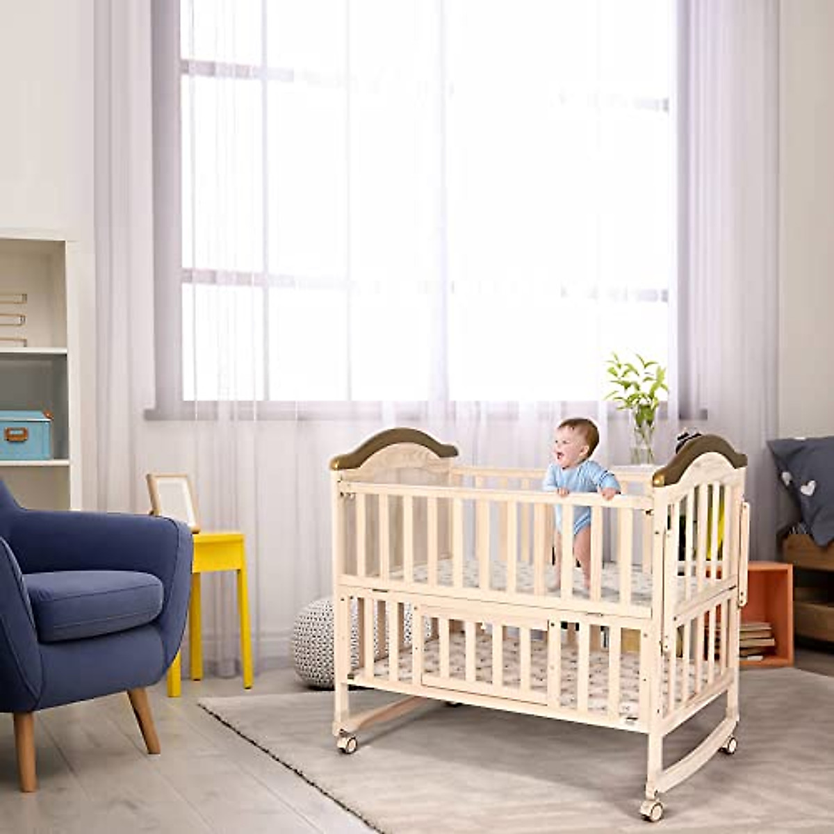 Styhigh 4 in 1 Convertible Crib, Portable Convert to Toddler Bed, Bassinet Bedside Sleeper, Playpen, 2 Leg Modes Baby Beds with Mattress & Mosquito Net,Adjustable Heigh Mini Crib CPC Certificated