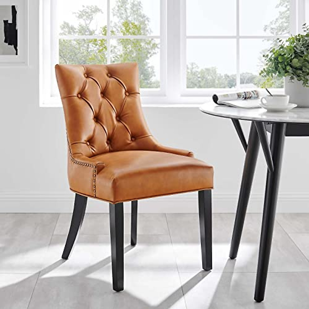 Modway Regent Modern Tufted Vegan Leather Upholstered Two Dining Chairs with Nailhead Trim in Tan