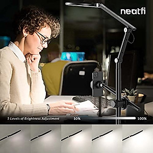 Neatfi Multi-Functional Desk Lamp, Dimmable, 3 Light Modes, 5 Brightness Levels, Zoom/Webcam Light, Touch Controls, USB/Plug Powered, Adjustable Arm (with Phone Holder and Clamp)