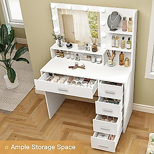 Quimoo Makeup Vanity Desk with Mirror & Lights, Vanity Desk with 5 Drawers & Storage Shelves, Vanity Table, 3 Color Modes & Adjustable Brightness Dressing Table, Bedroom