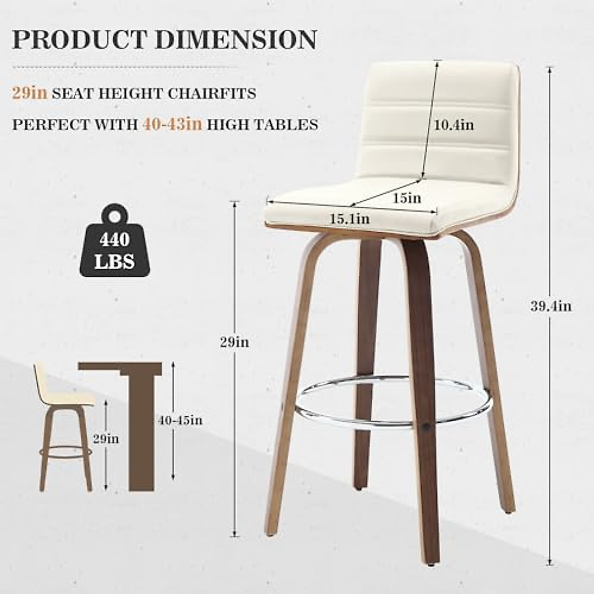 Bekrvio Bar Stools Set of 3 Swivel Bar Stools with Backs, 29 Inch Bar Height Upholstered PU Leather Barstool, L Shape Back, Padded Seat, Mid-Century Modern Bar Stool Chairs for Kitchen Island, White