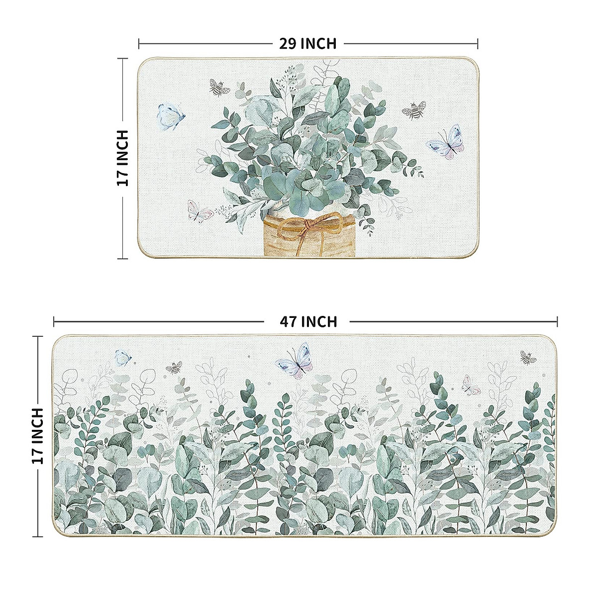 Artoid Mode Eucalyptus Vase Butterfly Summer Kitchen Mats Set of 2, Spring Home Decor Low-Profile Kitchen Rugs for Floor - 17x29 and 17x47 Inch