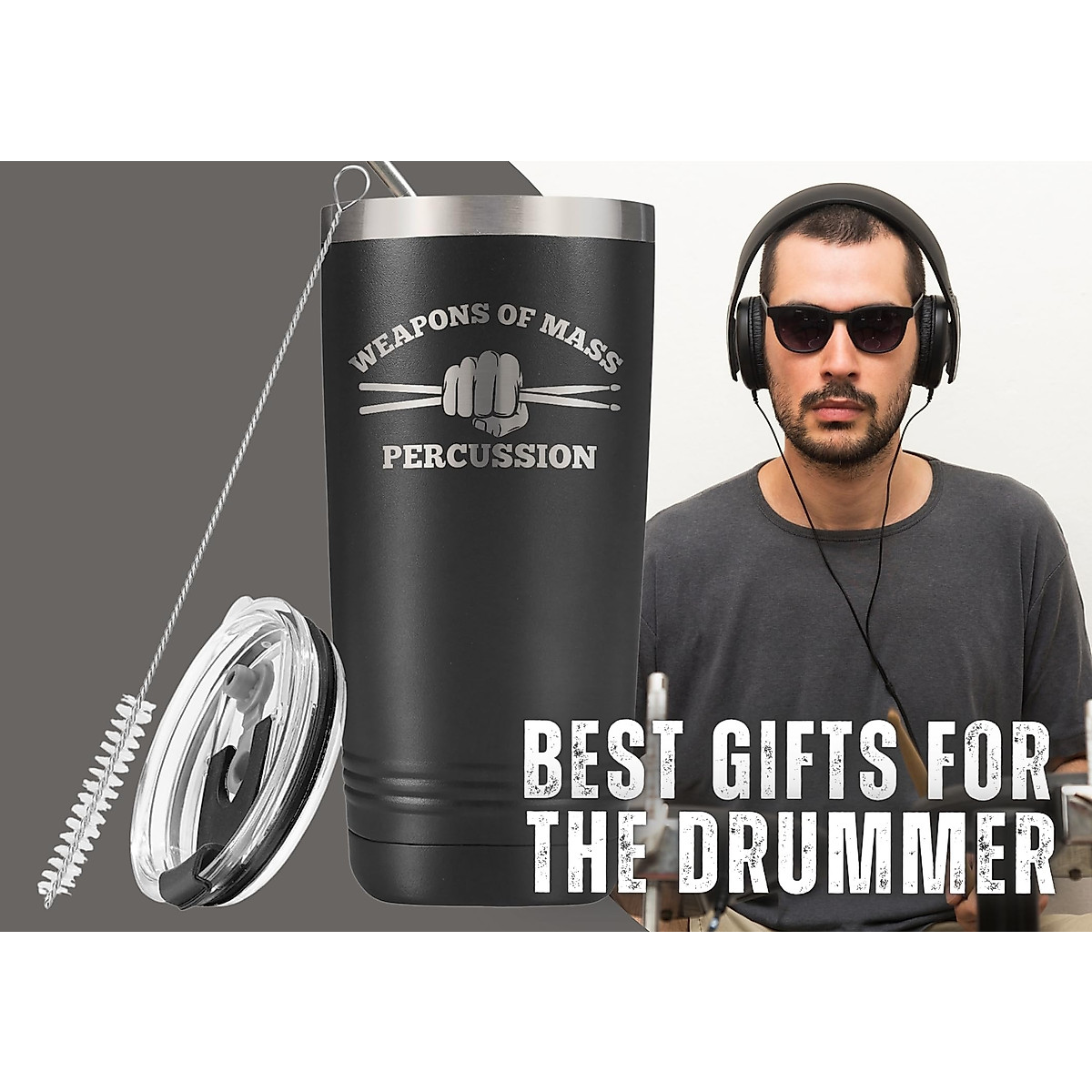 Onebttl Funny Drummer Gifts For Men, Women, Music Lover Gifts for Drummers, 20 oz/590 ml Stainless Steel Insulated Tumbler with Straw, Lid, Weapons of Mass Percussion