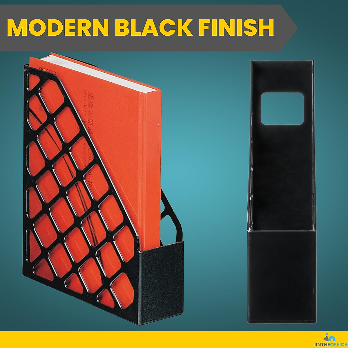 1InTheOffice Plastic Magazine File Holder, File Holder Organizer Box, 3 x 10 x 11.88, Recycled, Black, (2 Pack)