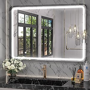 Hasipu LED Bathroom Mirror with Lights 40 x 26 Inch, Black Metal Frame Light Mirror for Vanity Anti-Fog, Dimmable, 3 Colors (Horizontal/Vertical)