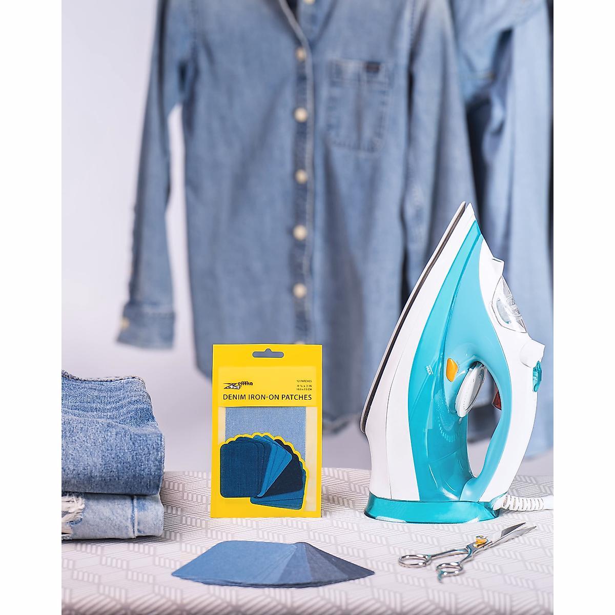 ZEFFFKA Premium Quality Denim Iron-on Jean Patches Inside & Outside Strongest Glue 100% Cotton Assorted Shades of Blue Repair Decorating Kit 12 Pieces Size 3" by 4-1/4" (7.5 cm x 10.5 cm)