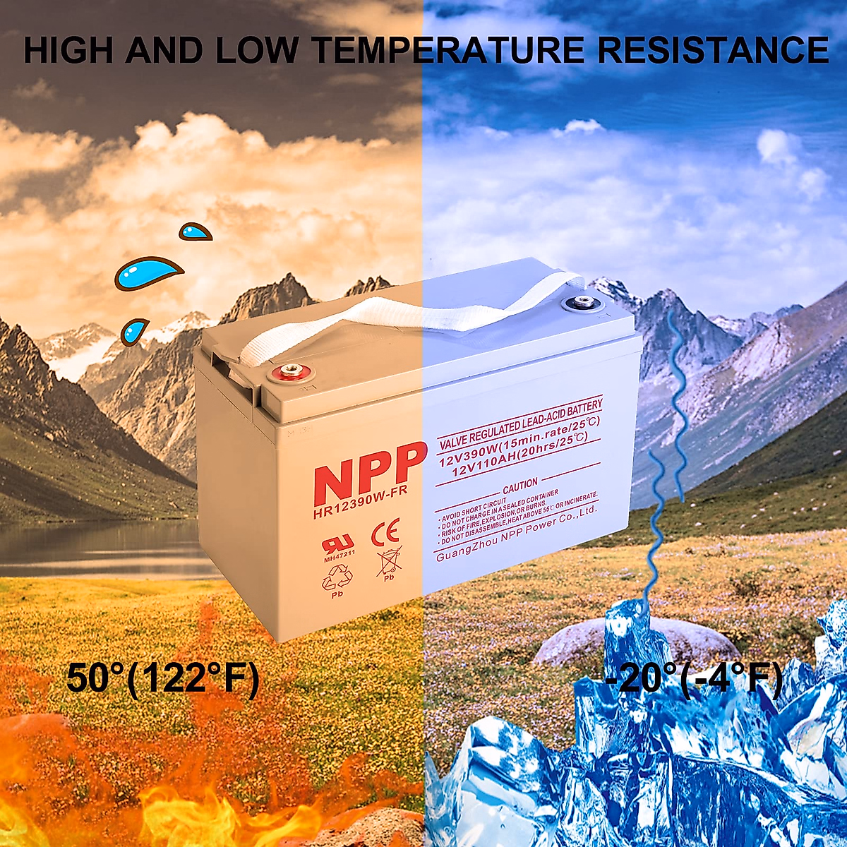 NPP HR12390W FR (2Pcs), 12Volt 2340W 390Watts/Cell AGM Sealed Lead Acid Rechargeable High Rate Battery, Replace 12V 120Ah for Off Grid UPS, Solar Power, RV, Marine，Boat，Golf Cart Battery