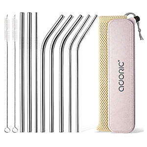 Reusable Straws with Case, Metal Straw Reusable Straws Drinking Straws Portable Eco Friendly Straight and Curved Stainless Steel Straws 8 Set with 2 Straw Cleaner