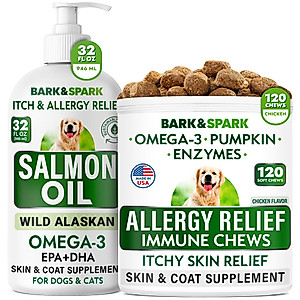Salmon Oil + Allergy Relief Bundle - Skin & Coat Support + Anti-Itch Skin - Omega 3 Fish Oil + EPA & DHA Fatty Acids - Immune & Heart Health + Itching & Paw Licking - 32 oz + 180 Chews - Made in USA