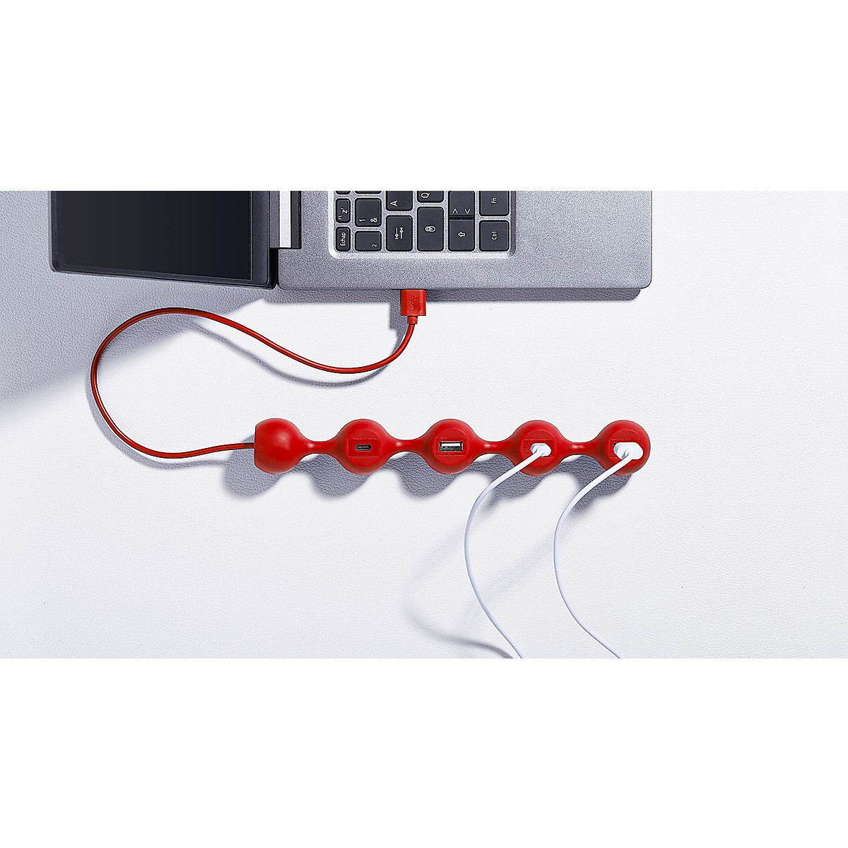 LEXON PEAS HUB 2 4-Port Hub, Charge 2 x USB, 2 x USB-C 2 Smartphones Simultaneously, Copper Inner Cable LD143DR, Dark Red