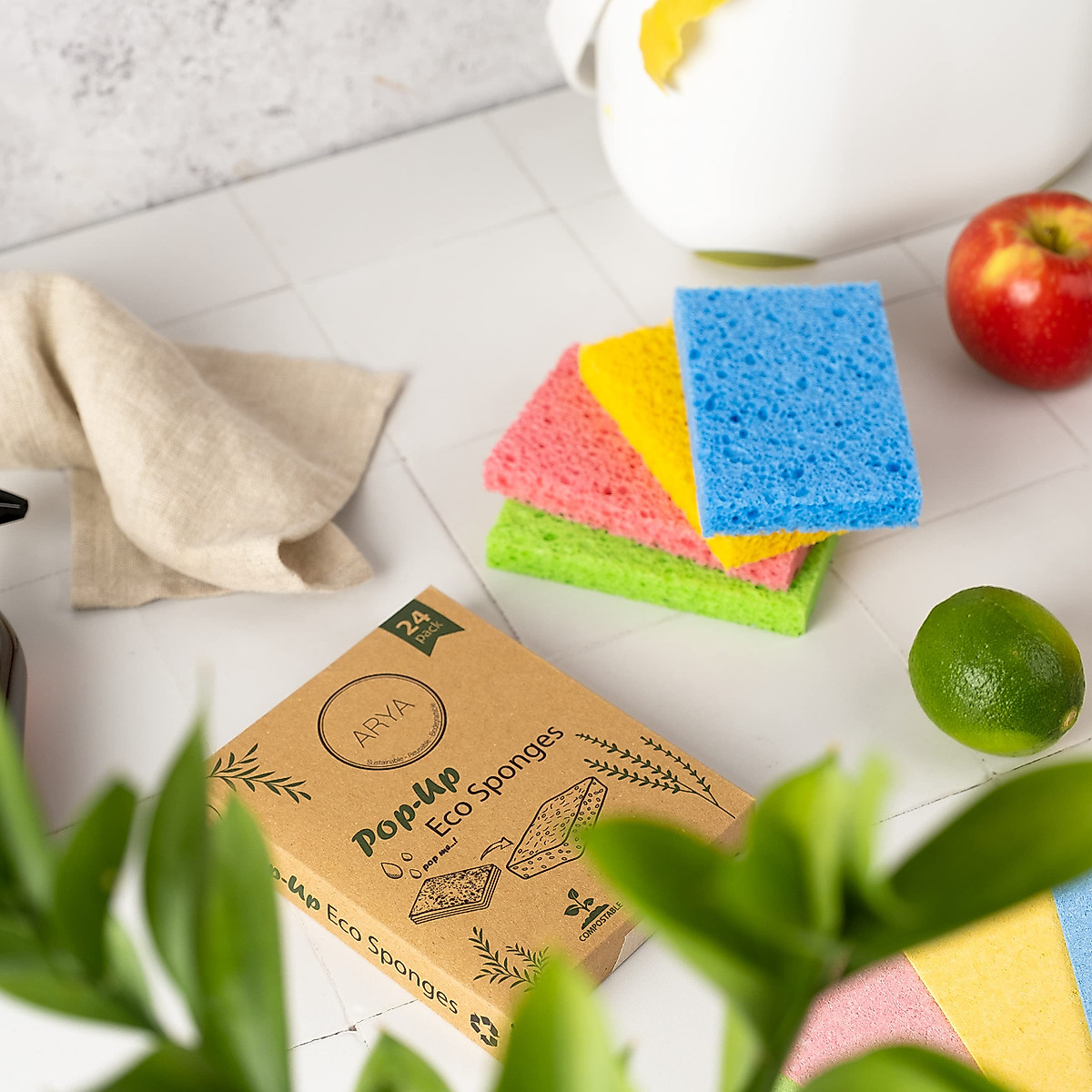 ARYA. | Pop-Up Eco Sponges 24 Pack | Natural Cellulose | Compostable & Biodegradable | Compressed Kitchen & Bathroom Sponges | Plastic-Free & Non-Scratch (24)