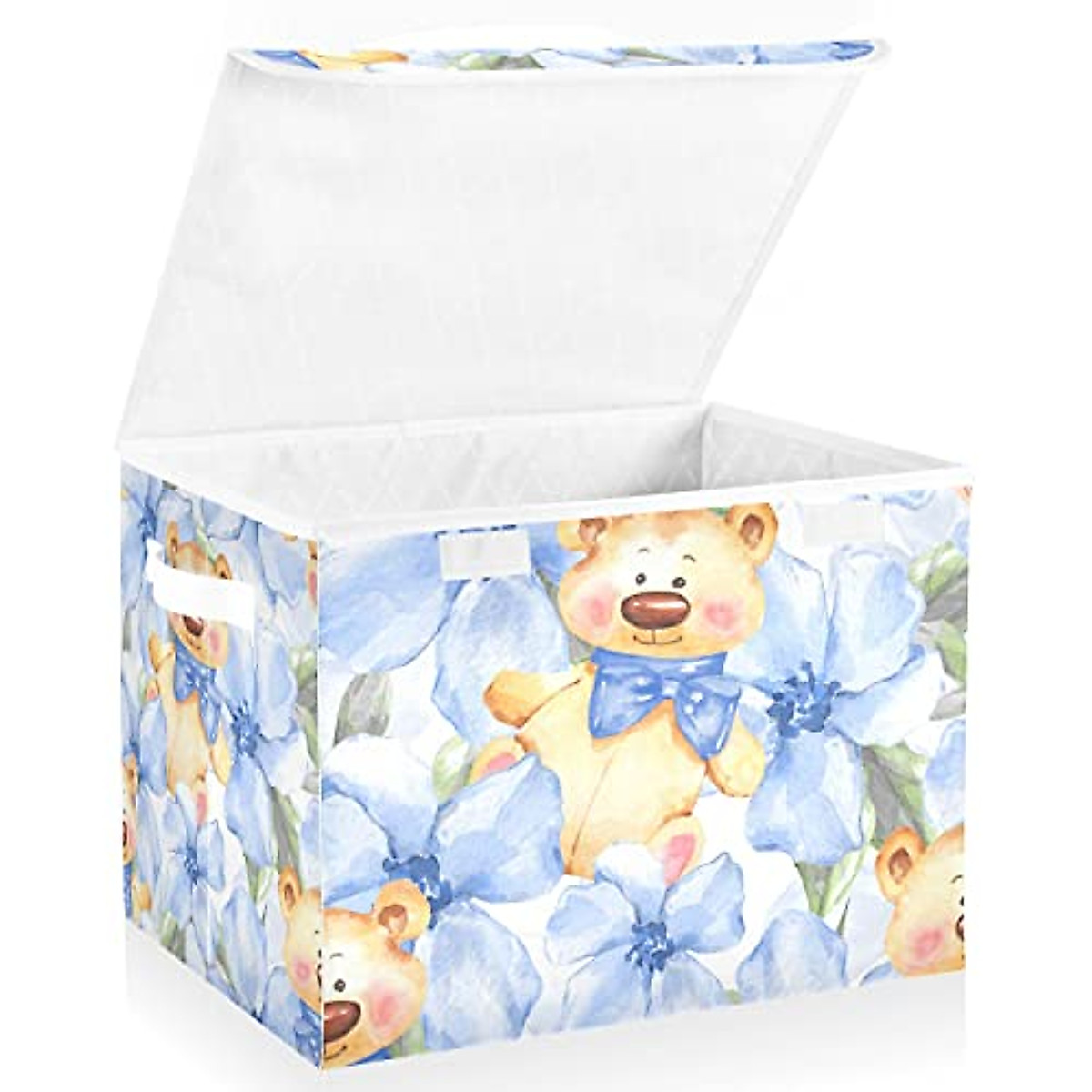 RunningBear Blue Flowers Teddy Bear Large Storage Bins with Lid Collapsible Storage Bin Dog Toy Storage Bin Fabric Storage Baskets for Closet Nursery Cabinet Living Room