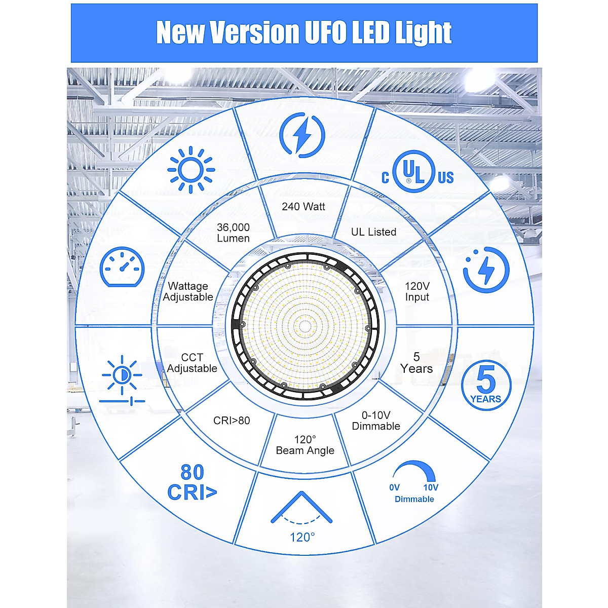 KUKUPPO 2 Pack 240W LED High Bay Light UL&DLC Listed, 36,000lm 240W/190W/140W, 3000K/4000K/5000K Adjustable LED UFO High Bay Shop Light Warehouse Light, 0-10V Dimmable, AC100-277V with Plug, Black