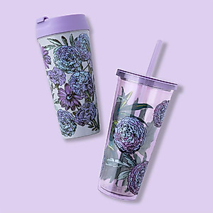 Vera Bradley Travel Tumbler with Lid and Straw, 24 Ounce Insulated Cup, Purple Floral Plastic Double Wall Tumbler, Lavender Meadow