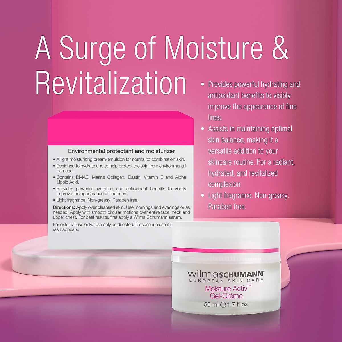 WILMA SCHUMANN Moisture Activ Gel Cream, Face Moisturizer, Face Cream with Hyaluronic Acid, 1.7 oz