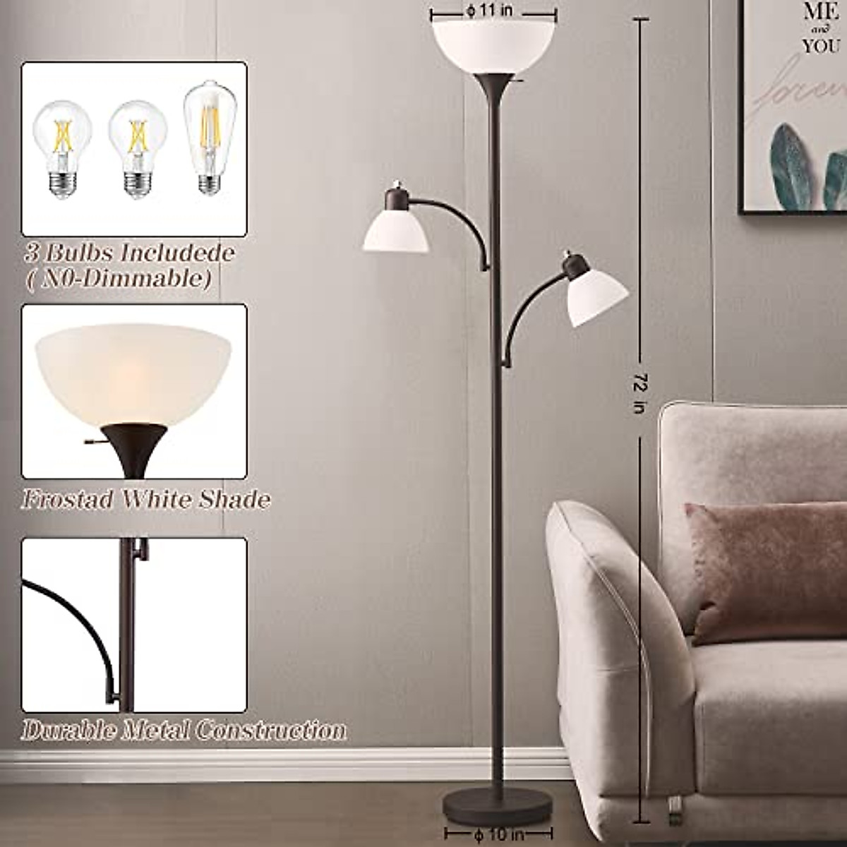 Luvkczc Torchiere Floor Lamps for Living Room with 2 Reading Lamps, Modern Tall Standing Lamps, Industrial Bright Floor Lamp for Bedroom, Office, Dresser, 3 LED Bulbs Included