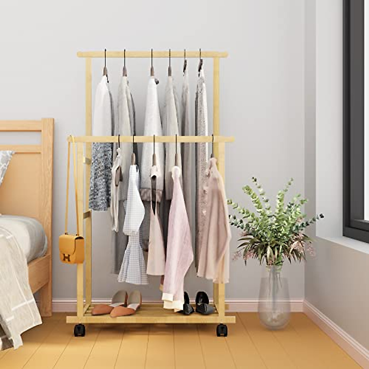 MOUTIK Wood Rolling Clothes Hanging Rack: Heavy Duty Double Rods Clothing Garment Racks - Bamboo Coat Hanger Organizer on Lockable Wheels with Shoes Shelf for Storage Display