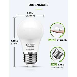 L LOHAS LED Refrigerator Light Bulb, 40W Equivalent 120V A15 Fridge Waterproof Bulbs, 5W E26 Medium Base Daylight White 5000K for Freezer Home Kitchen Lighting, Non-dimmable, 2 Pack