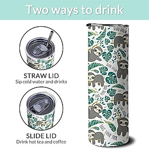 20 oz Sloth Skinny Tumblers with Lid and Straw, Sloth Stainless Steel Vacuum Insulated Travel Coffee Mug Cup Water Bottle, Sloth Decor Stuff Accessories, Gifts for Women Girls Sloth Lover