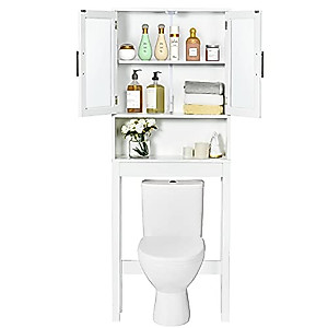 WATERJOY Over The Toilet Storage Cabinet, Bathroom Cabinet Organizer with 2 Moru Tempered Glass Door, Space-Saving Toilet Shelf, White