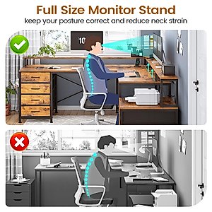 SEDETA L Shaped Desk with 6 Drawer, 108" Home Office Desk with File Drawer & Power Outlet, Corner Computer Desk with Monitor Shelf, Two Person Desk, Gaming Desk with Led Lights, Rustic Brown