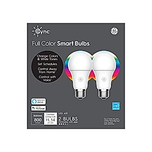 GE CYNC Smart LED Light Bulbs, Color Changing, Bluetooth Enabled, Christmas Lights and Holiday Décor, Works with Alexa and Google (2 Pack)