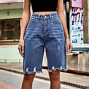 MINzYI Women's Mid Rise Denim Shorts Summer Casual Ripped Jean Shorts Cut Hem Distressed Stretchy Vacation Beach Shorts