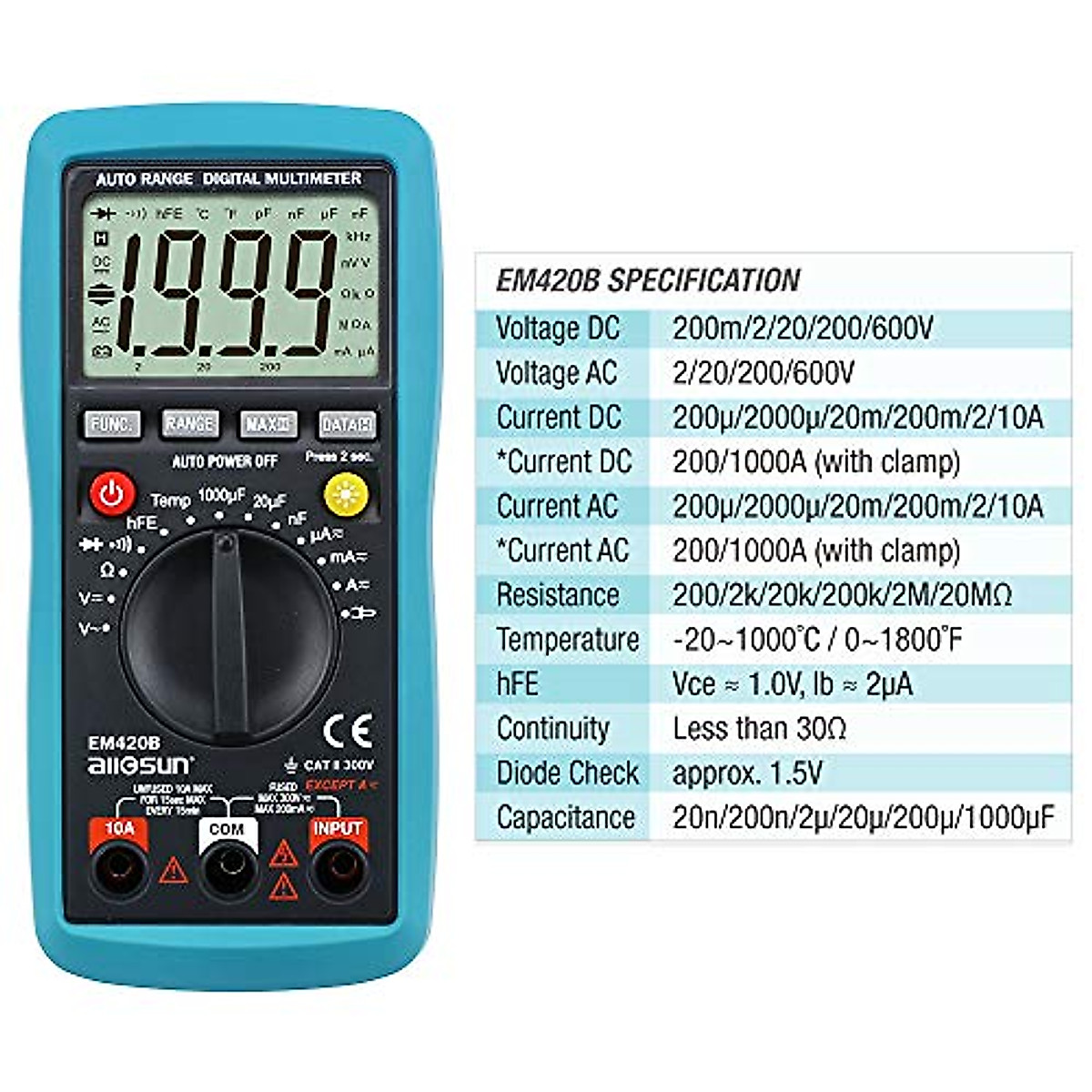 allsun Auto-Ranging Digital Multimeter Capacitance Test Multi Tester Electrical Test Tools AC DC Amp Volt Temp OHM DMM Auto Power Off Backlight Max.Reading 1999 EM420B