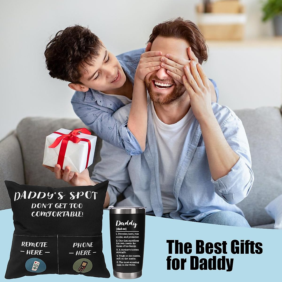 Daddy's Spot Tumbler & Pillow Cover - Best Dad Ever Gift from Daughter, Son or Kids - New Dad, Stepdad, Daddy Definition - Christmas, Birthday, Father's Day, New Baby Gifts