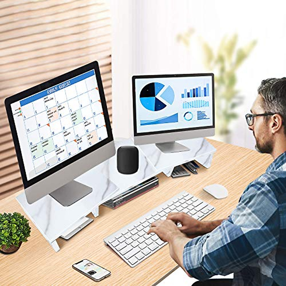 TEMI Dual Monitor Stand Riser with Adjustable Length and Angle, White Slate Texture Computer Monitor Stand, 3 Shelf Desktop Storage Organizer Riser for Laptop/Computer/TV/PC/Printer