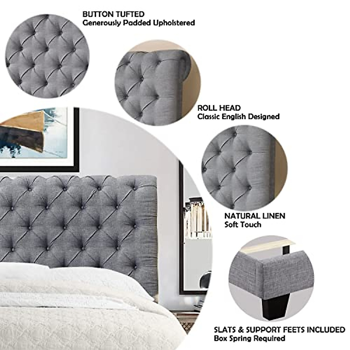 Rosevera Gideon Bed Frame/Fabric Upholstered Bed Frame with Adjustable Headboard/Chesterfield-Styled/Wood Slat Support/Easy Assembly,Full,Textile Gray