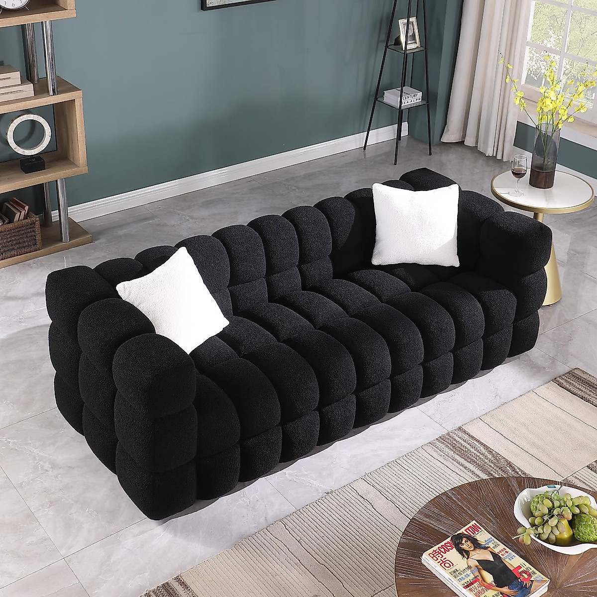 84.3" 3 Seater Modern Sofa Couch, Comfy Upholstered Living Room Sofa with 2 Pillows, Comfy Boucle Sofa with Solid Metal Legs, Contemporary Furniture Tufted Cloud Couch for Waiting Room, Office, Black