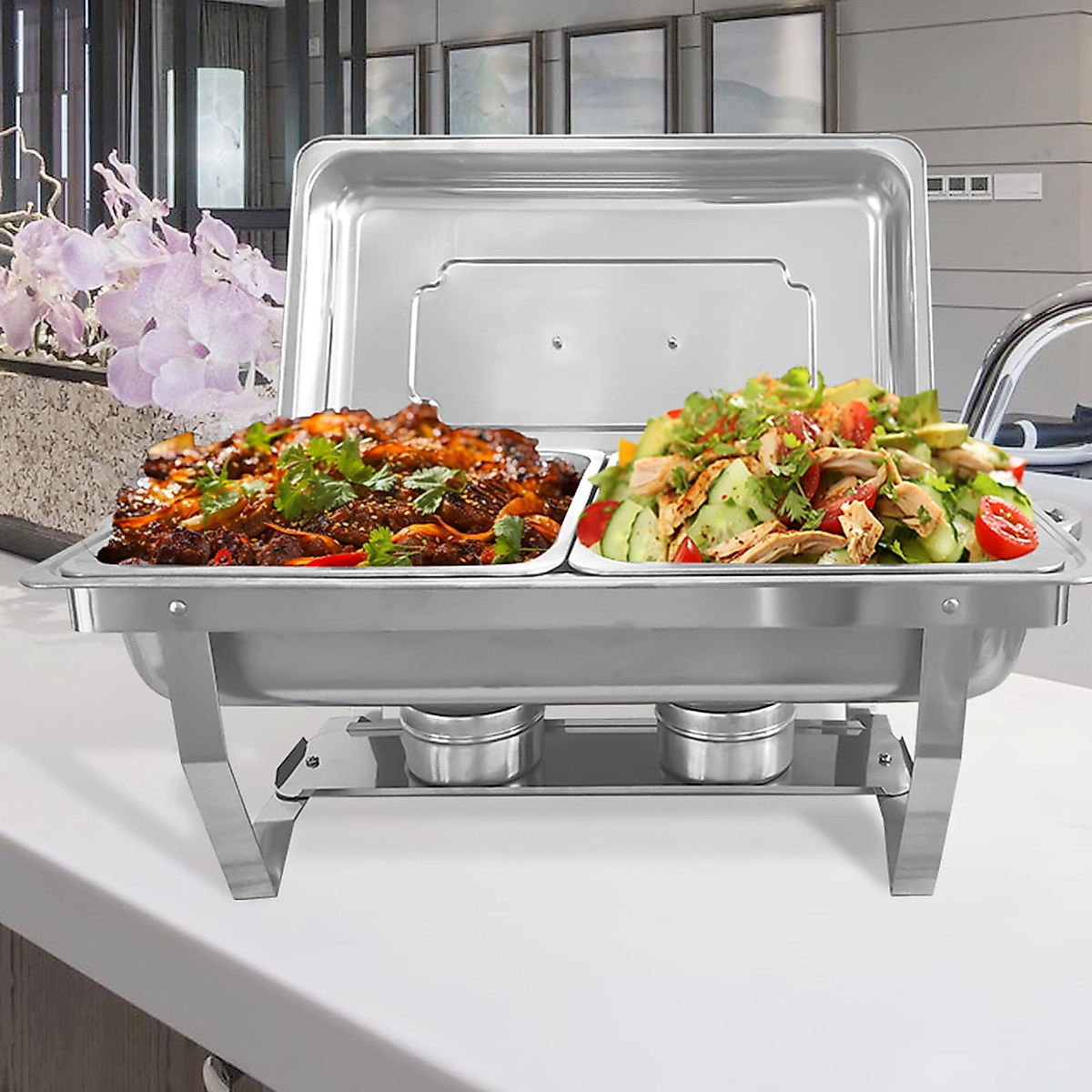 EVGTTI Chafing Dish Buffet Set 8 Pack Stainless Steel, Buffet Servers and Warmers Chafing Servers with Covers Folding Stand Food Warmer for Parties Buffets Catering Banquet Wedding