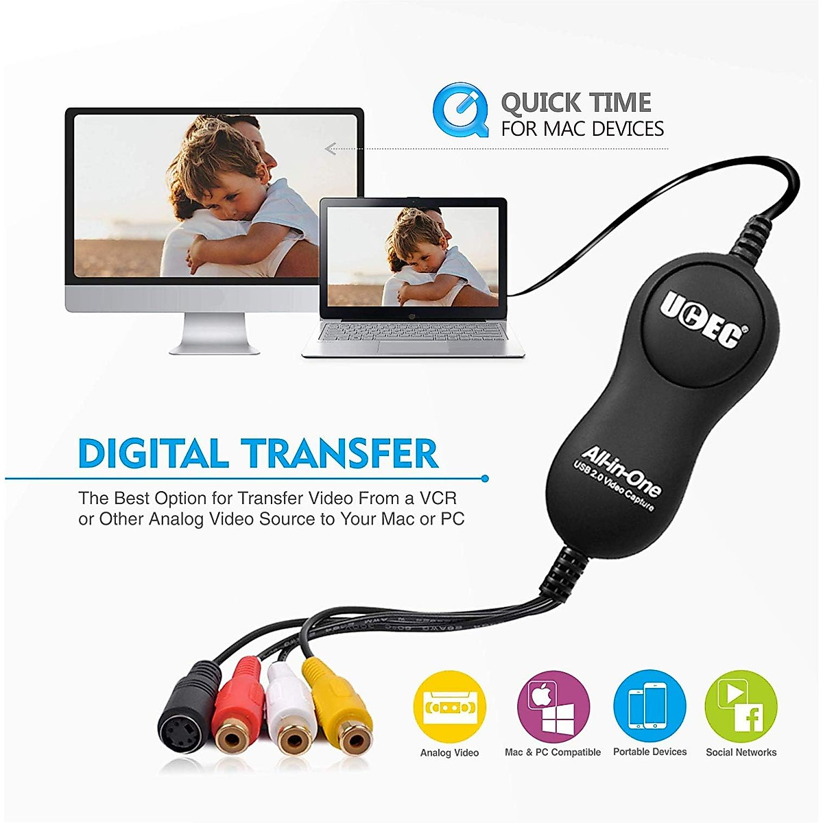 UCEC USB 2.0 Video Capture Card Device, VHS VCR TV to DVD Converter for Mac OS X PC Windows 7 8 10 11