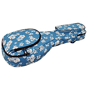 MUSIC FIRST Original Design 15mm Thick Padded Hawaii Style “Blue and White Plumeria” Canvas A & F Style (Standard) Mandolin Gig Bag Soft Mandolin Case Fits for Most of A Mandolin, Salute ELVIS