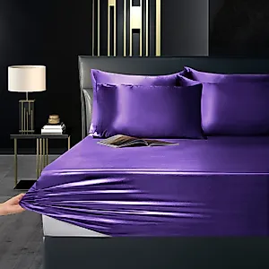 Manyshofu 6Pcs Dark Purple Duvet Cover Set Queen Size with Satin Fitted Sheet - Not Comforter, Cooling Satin Duvet Cover Sheets Silky Comforter Cover Set(4 Pillowcases, 1 Duvet Cover, 1 Fitted Sheet)