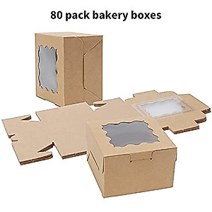 TAOUNOA 80 Pack Bakery Boxes with Window, Christmas Cookie Boxes 4x4x2.5 Inches Kraft Paper Mini Cake Boxes Holiday Cupcake Boxes for Gift Giving for Strawberries Cupcakes Pastry Dessert, Brown