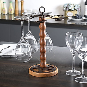 MyGift Brown Solid Wood and Antique Bronze Metal Tabletop Wine Glass Holder with Scrollwork Design, Free Standing Stemware Display Stand, Holds 6 Glasses