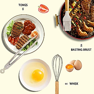 MIBOTE 17 Pcs Silicone Cooking Kitchen Utensils Set with Holder, Wooden Handles BPA Free Non Toxic Silicone Turner Tongs Spatula Spoon Kitchen Gadgets Utensil Set for Nonstick Cookware (Khaki)