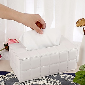 Sumnacon Rectangular Leather Tissue Box Cover - Stylish Tissue Box Holder with Magnetic Bottom, Decorative PU Tissue Box for Vanity Dresser Night Stand Table Countertop Home Office Car,Grid White