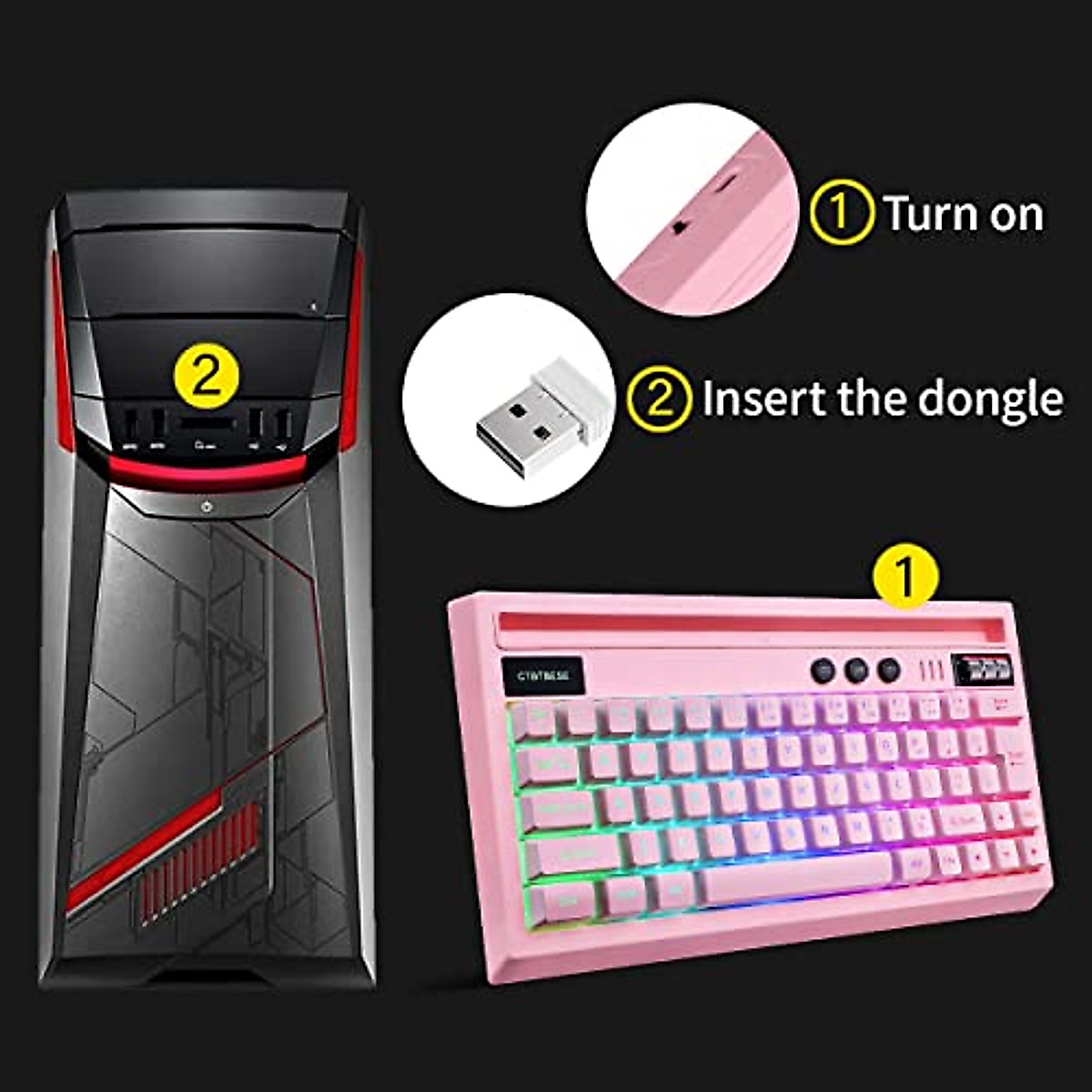 CTBTBESE Wireless RGB Backlit Gaming Keyboard, Ultra-Compact 61 Keys with Phone Stand, Waterproof for PC/Mac Gamer, Typist, Travel(Pink)…