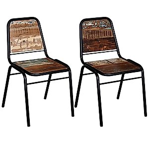 GOLINPEILO 2 pcs Antique-Style Wooden Dining Chairs with Powder-Coated Steel Frame, Vintage-Style Chairs Solid Reclaimed Wood, 17.3" x 23.2" x 35"