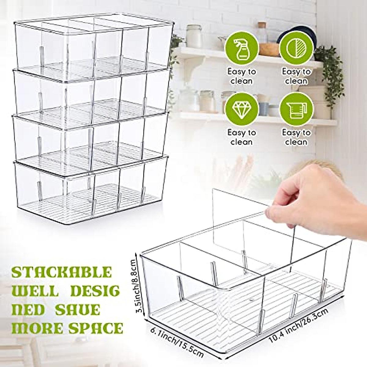 12 Pcs Food Storage Organizer Bins Acrylic Snack Organizer for Pantry Clear Bins with 3 Removable Dividers Refrigerator Organizer Bins Stackable Storage Bins Containers for Kitchen Fridge Cabinet