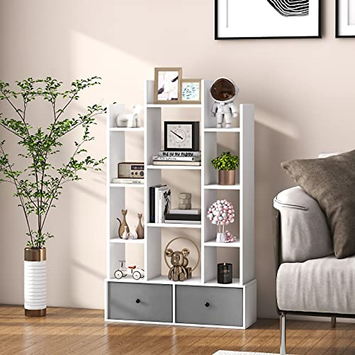 Tangkula Bookshelf with 2 Drawers, Tree-Shaped Bookcase with 12 Open Storage Shelves, Freestanding Industrial Wood Display Cube Shelf, Home Office Books Organizer, 31.5 x 9.5 x 52 Inches