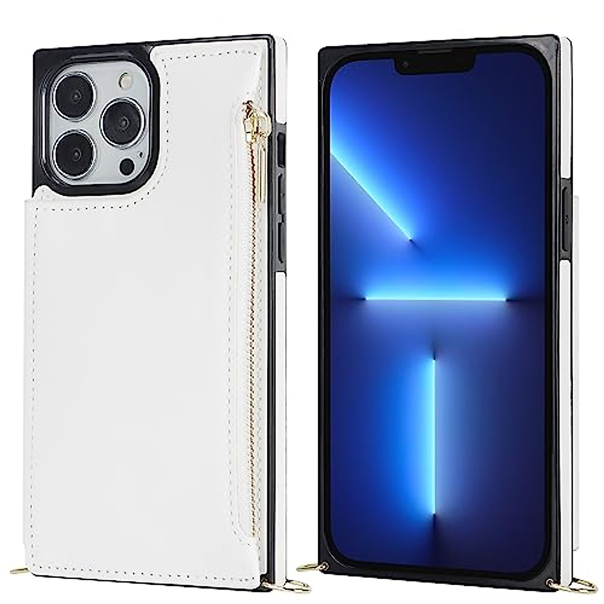 Bocasal Crossbody Wallet Case for iPhone 13 Pro Max with RFID Blocking Card Slot Holder, Magnetic Flip Folio Purse Case, PU Leather Zipper Handbag with Detachable Lanyard Strap 6.7 Inch 5G (White)