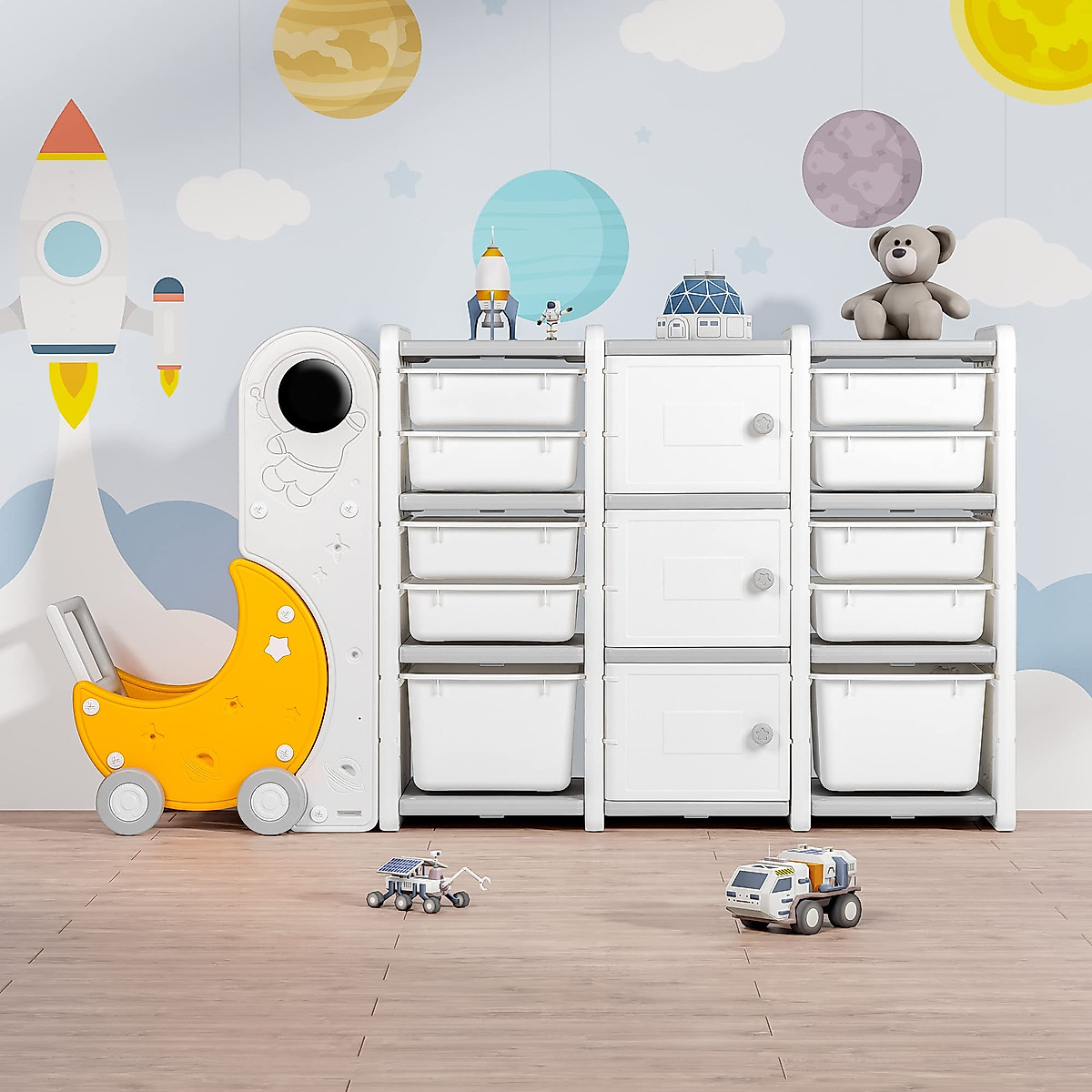 duke baby Kids 3 Layer Toy Storage Organizer with 10 Storage Bins, 3 Toy Cabinets with Doors, Display Bookshelves and Toy Cart for Kids Playroom Bedrooms Age 1-12, Space Collection Large