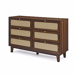 NicBex Rattan Dresser for Bedroom Chest of Drawers with 6 Drawers,Modern Cannage Rattan Wood Closet Chest of Drawers,Rattan Storage Dresser for Closet, Bedroom,Living Room,Hallway,Natural Walnut