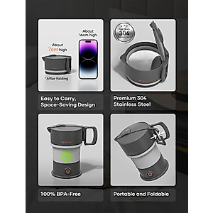 Foldable Travel Electric Kettle, 600ML Portable Water Boiler with 800w Power & Auto Shutoff, Compact BPA-Free Silicone Kettle for Tea, Coffee, Collapsible mini Kettle for Travel - Dark Grey